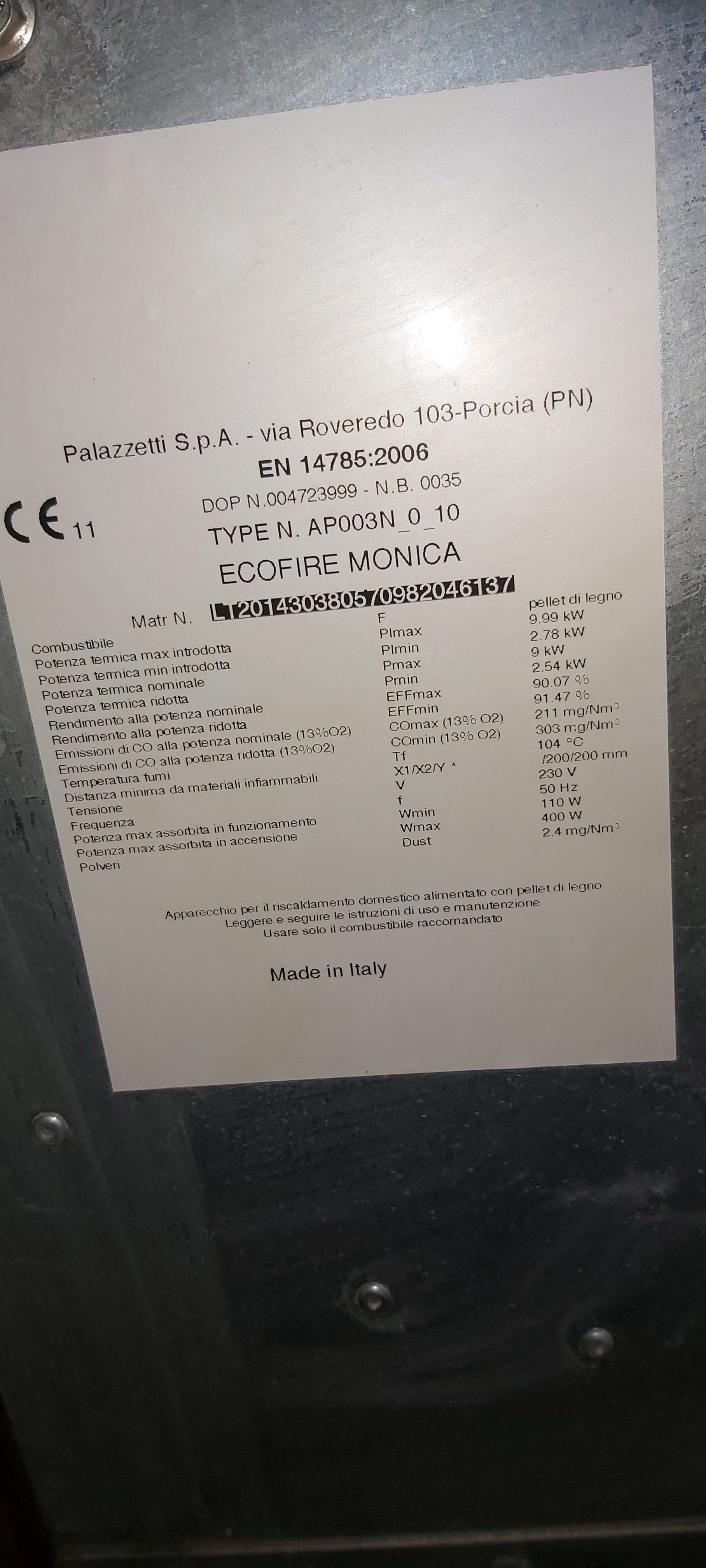 Poele pellet palazzetti 9 kw + ravelli 8 kw